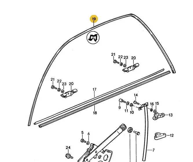 928 537 323 03 - Left Upper Door Glass seal - 78 to 95 - Aftermarket ...